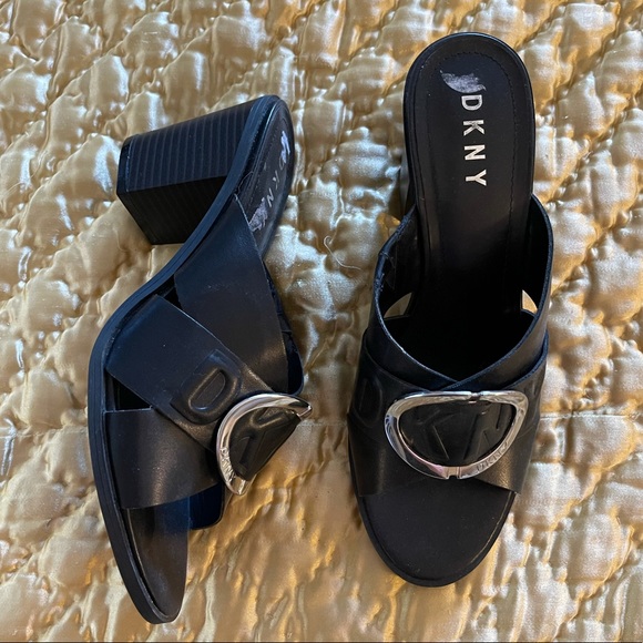 Dkny | Shoes | Dkny Block Heel Mules Chunky Heels Monogram Buckle ...